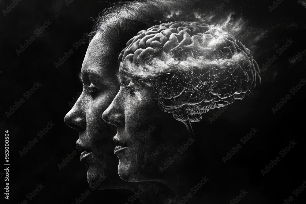 Dual female profiles with exposed brains in monochrome symbolizing the ...