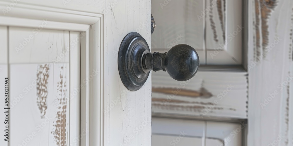 Detailed view of a refined dark door handle on a light wooden door ...