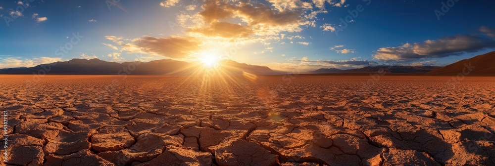 Desert land sprawls under a bright sun, showcasing cracks in the ground ...