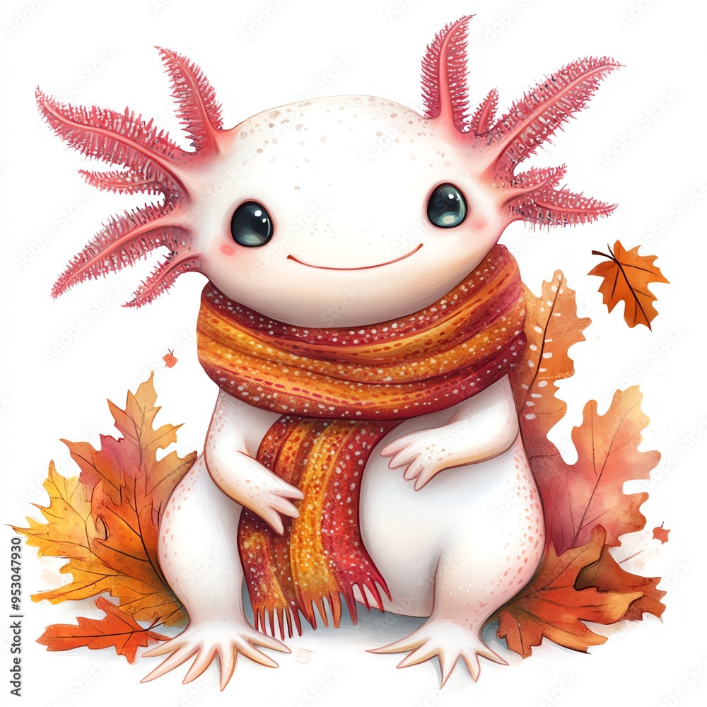 An axolotl wearing a Thanksgiving-themed scarf clipart, cozy and ...