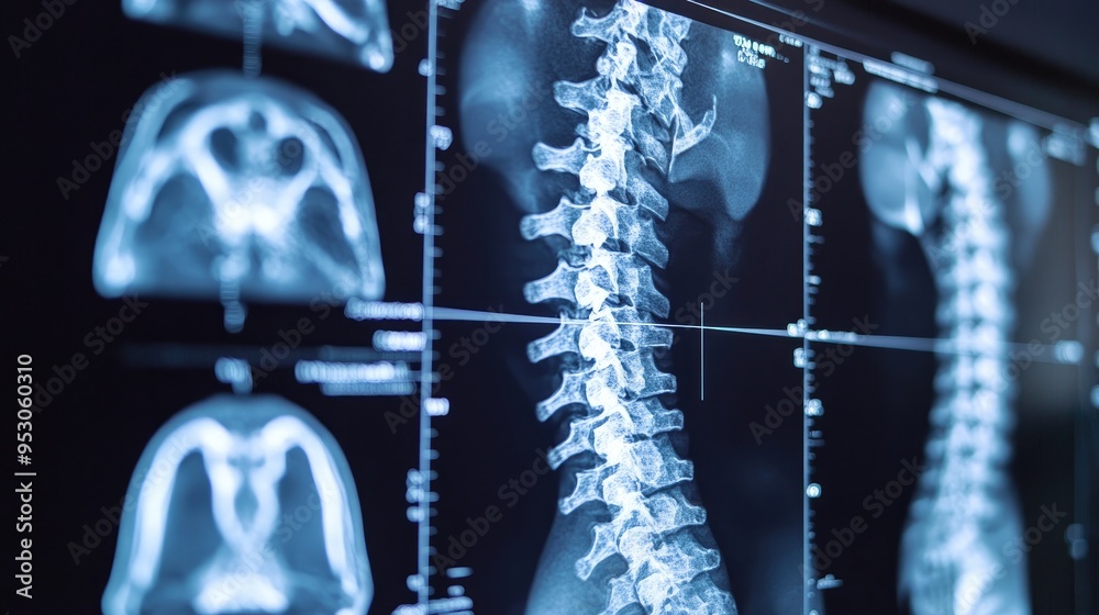 Ilustración de Stock X-ray scan of a human spine and pelvis, showing ...