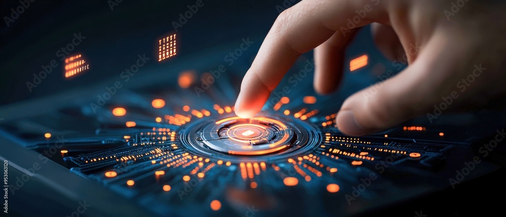 Digital Interface Overlay on Tablet Screen with Interactive Geometric ...
