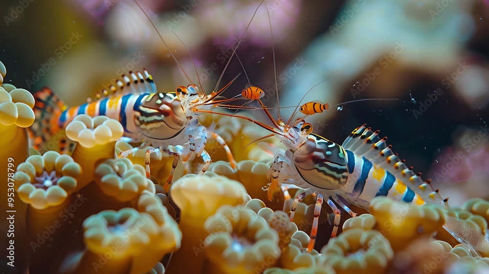 Pistol shrimp and goby fish in their coral reef home, a symbiotic pair ...