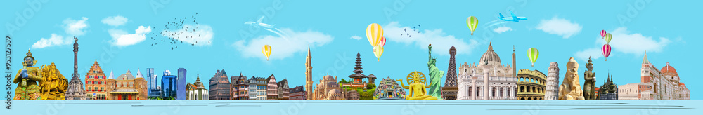 World landmarks and famous monuments collage isolated on panoramic blue ...
