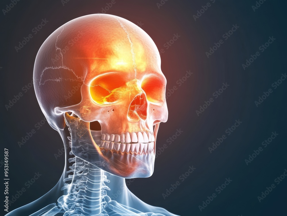 X-ray of a human skull showing a visible fracture line with highlighted ...