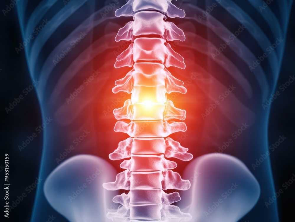 Medical illustration of a lumbar disc herniation, X-ray view showing ...