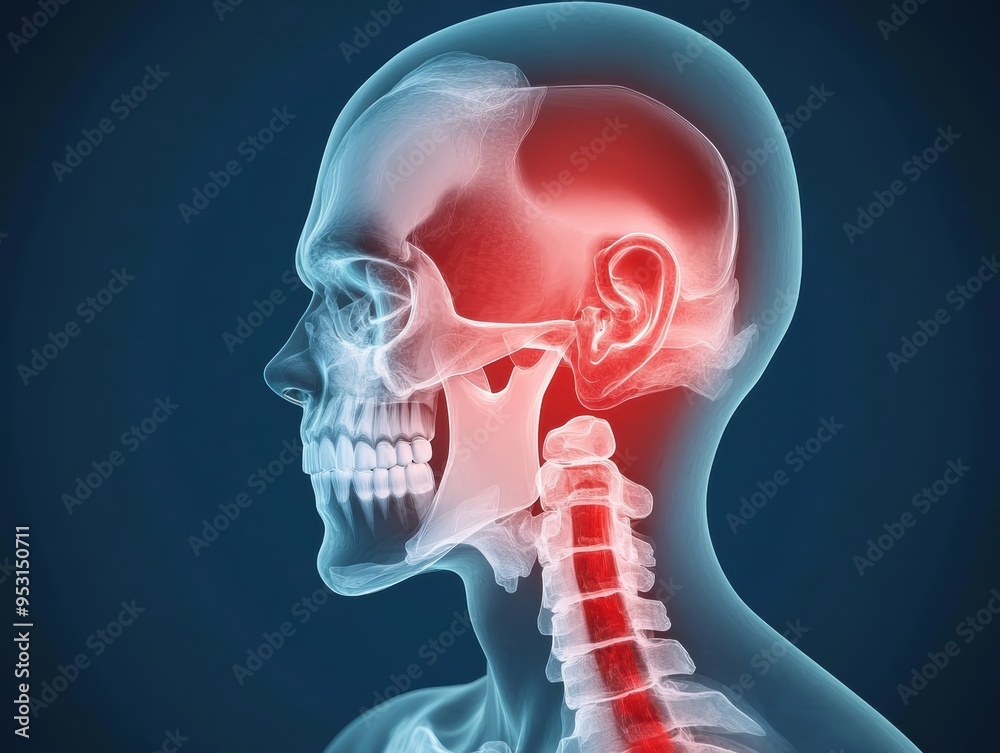 Medical illustration of temporomandibular joint (TMJ) pain, X-ray view ...