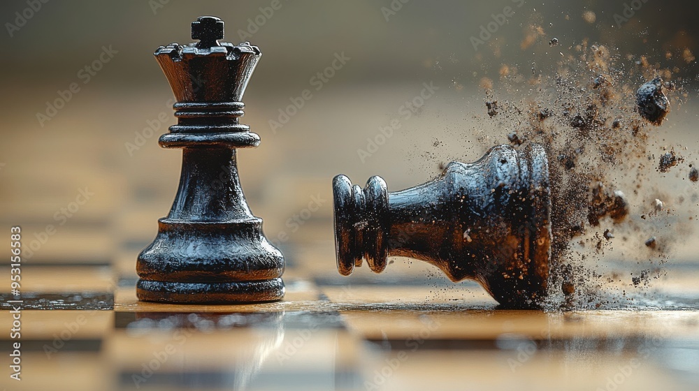 the black king chess piece falls on the chessboard smashing the black ...