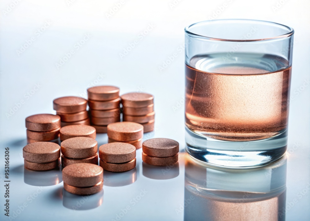 Copper-based disinfectant tablets, strategically arranged on a clean ...