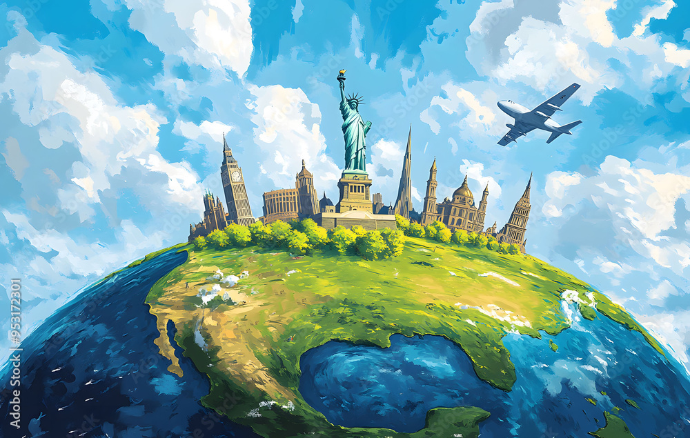 Illustration of a trip around the world, featuring famous landmarks on ...