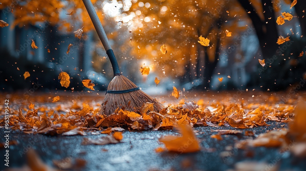 Sweeping Fallen Leaves with a Broom on the Ground, High-Resolution ...