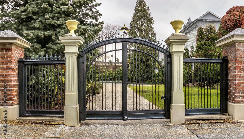 Iron gates entrance to palace, castle, mansion, trees, home, house ...