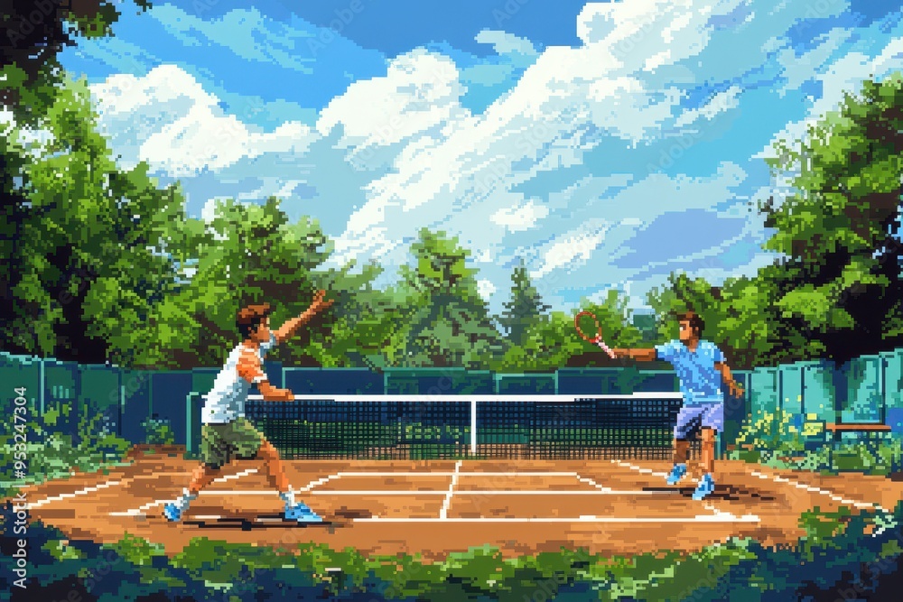 Pixelated characters playing a classic 16-bit tennis match, retro ...
