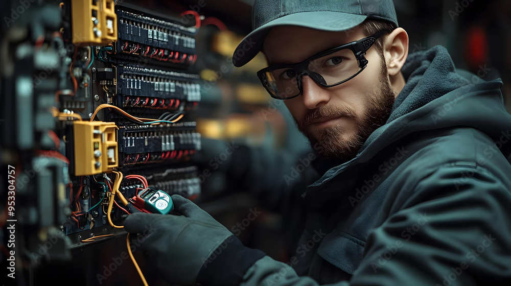 Electrician wearing safety goggles and gloves works on an electrical ...