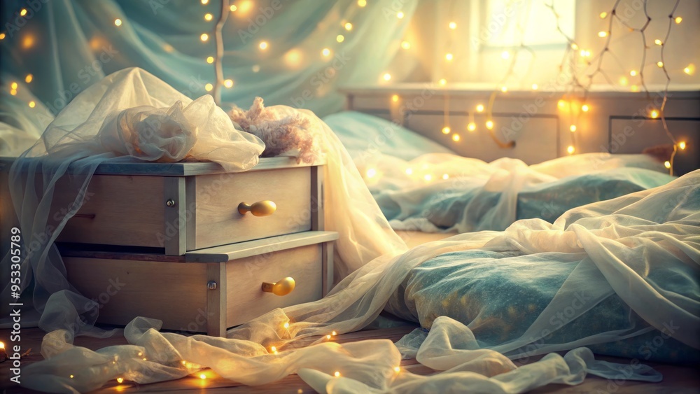 Whimsical morning light illuminates discarded dresser drawers amidst ...