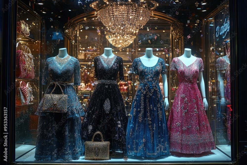 Mannequins wearing blue sequin dresses posing in a fashion boutique ...