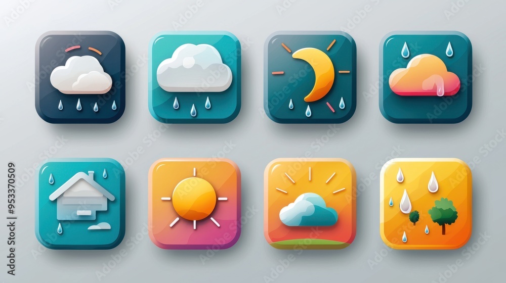 Flat Vector Weather Icon Set for App Interface Design with Sunny ...