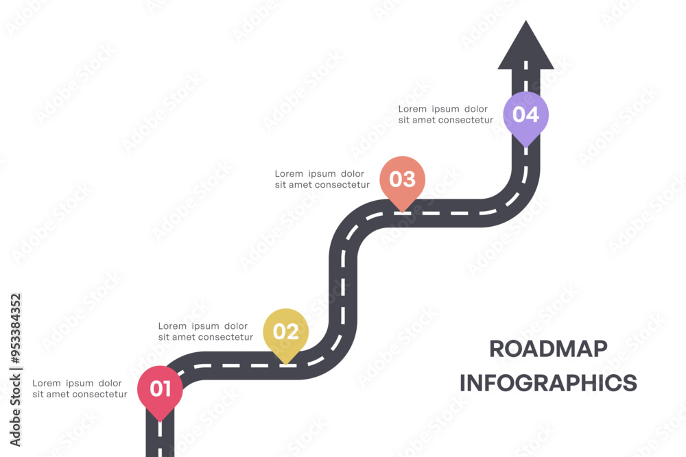 Vibrant Milestone Roadmap Infographic with Arrows and Four Phases Stock ...