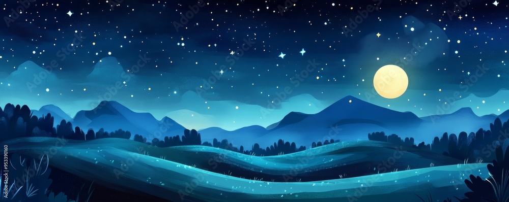 Magical Hand-Drawn Cartoon Night Starry Sky Landscape - Whimsical ...