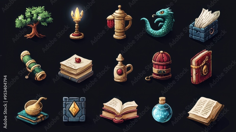 Fantastical Iconic Journey: Playful 2D Icons Representing Fantasy ...