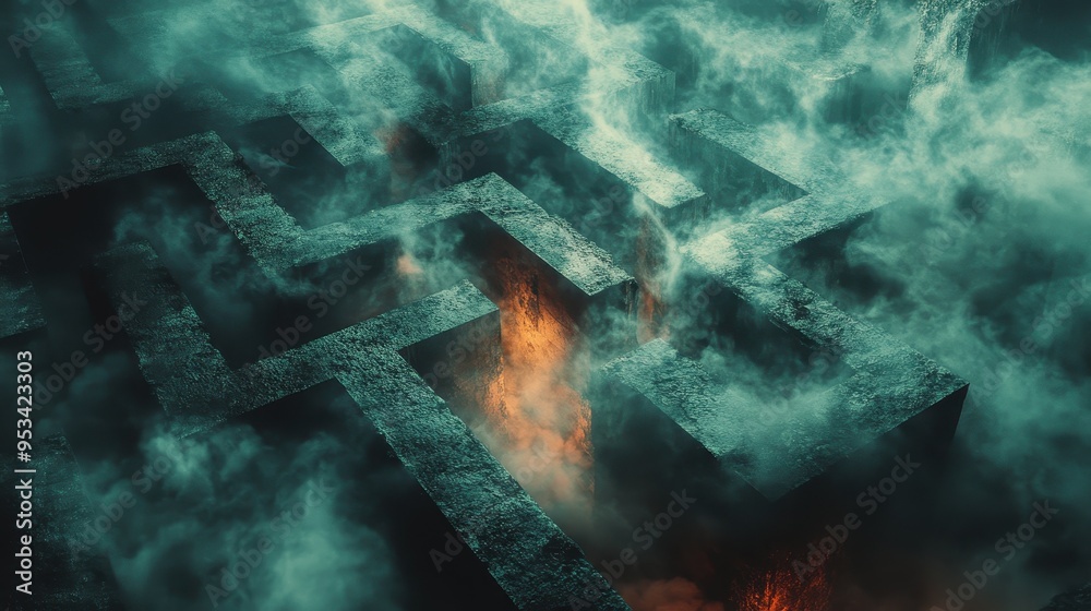 PTSD visualized as a maze with walls of smoke and mirrors (close up ...