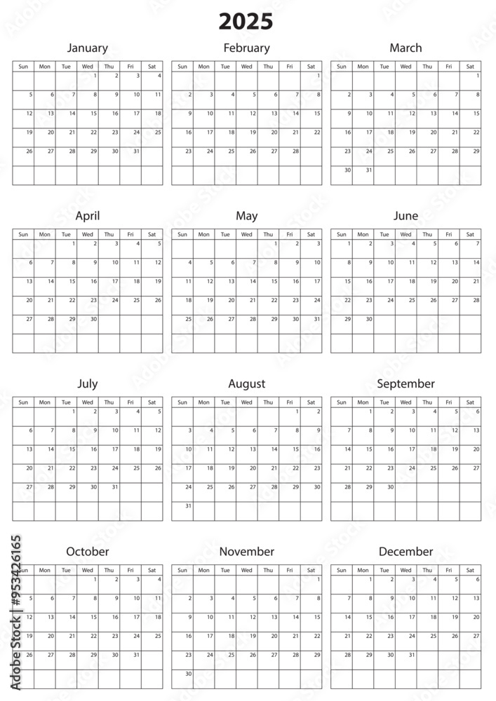 2025 Calendar Template. Vector calendar. Week starts sunday. Calendar template in minimal design ...