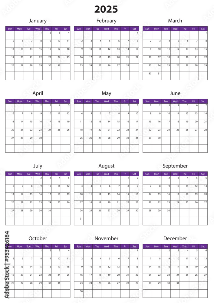 2025 Calendar Template. Vector calendar. Week starts sunday. Calendar template in minimal design ...