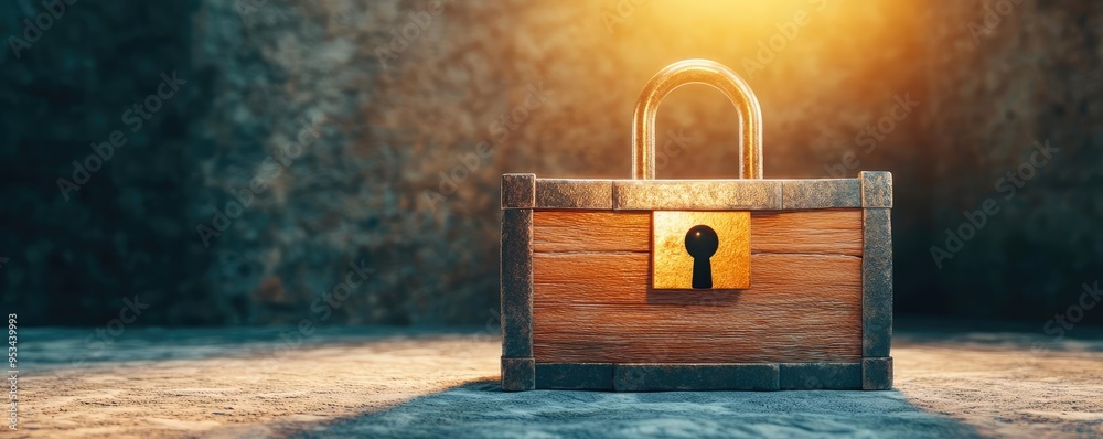 Riddle-locked padlock securing a chest of untold fortune, hidden in a ...