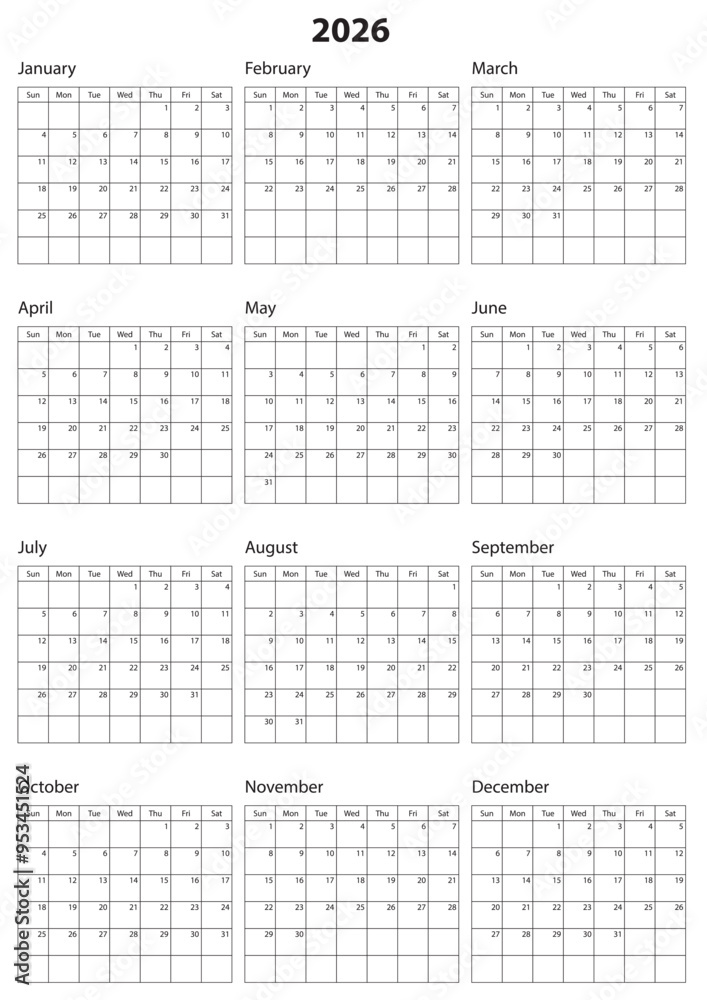 2026 Calendar Template. Vector calendar. Week starts sunday. Calendar ...