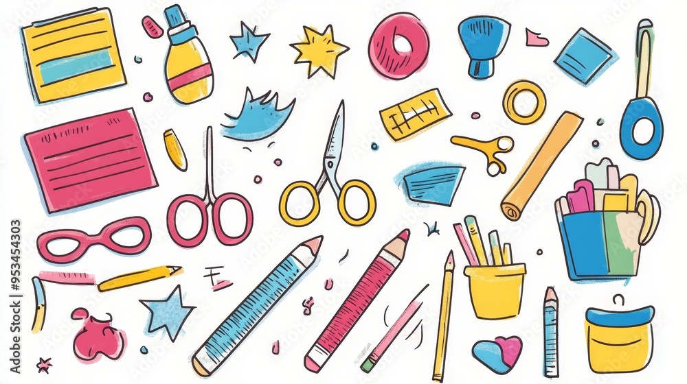 Whimsical school supplies doodle clipart set with colorful crayons ...