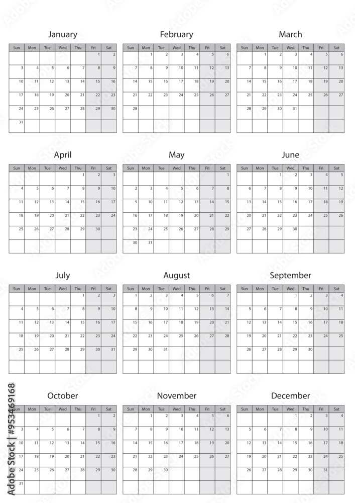 2027 Calendar Template. Vector calendar. Week starts sunday. Calendar ...