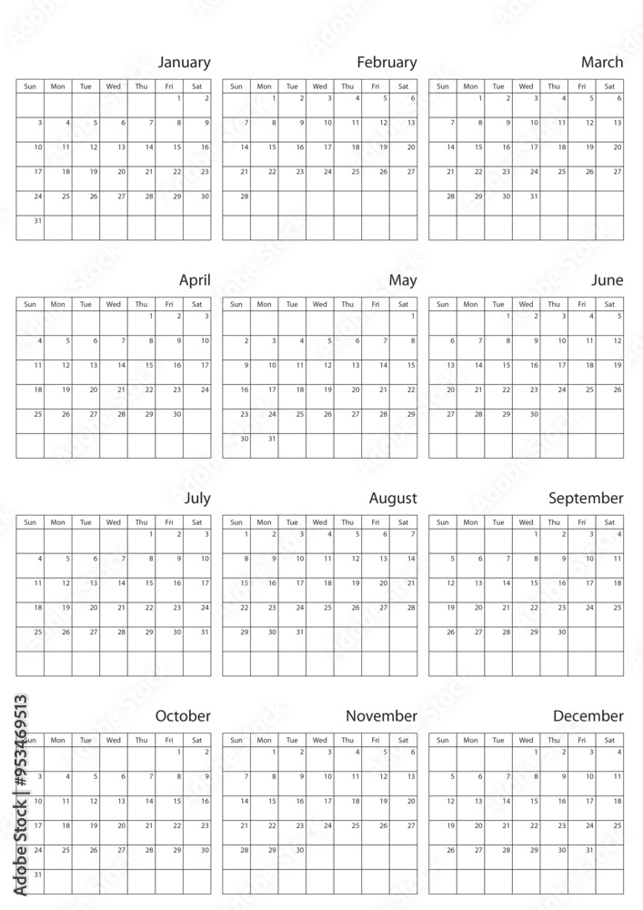 2027 Calendar Template. Vector calendar. Week starts sunday. Calendar ...