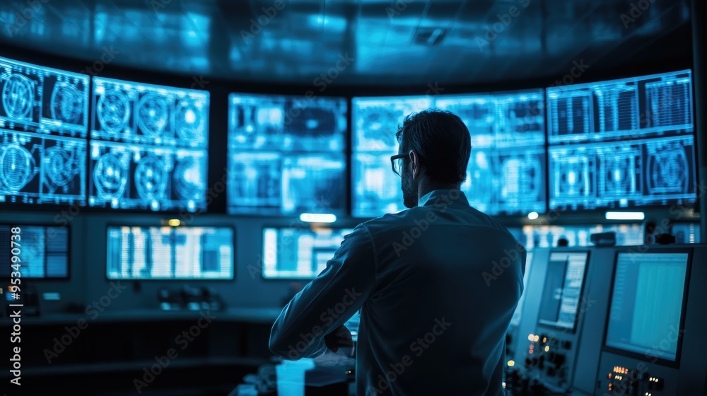Engineer analyzing complex data on multiple screens in a high-tech control room, overseeing ...