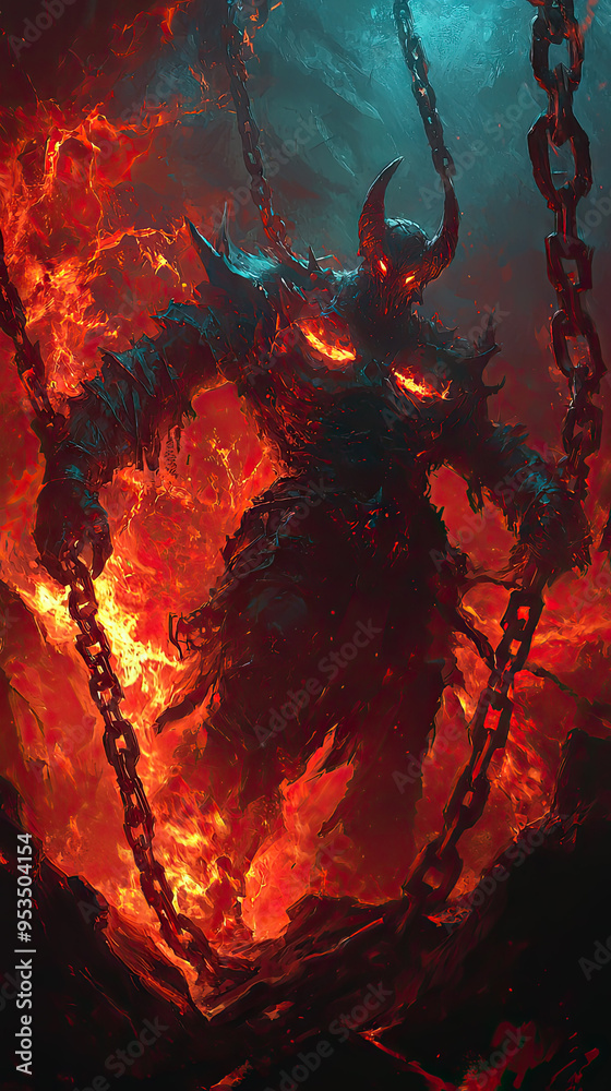 A Demonic Figure, Bound by Glowing Chains, Roars Against a Fiery Prison ...