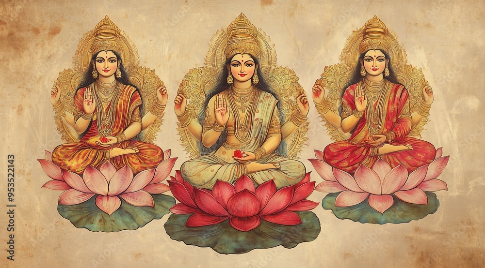Three Hindu goddesses Lakshmi, Saraswati, Parvati seated on lotus ...