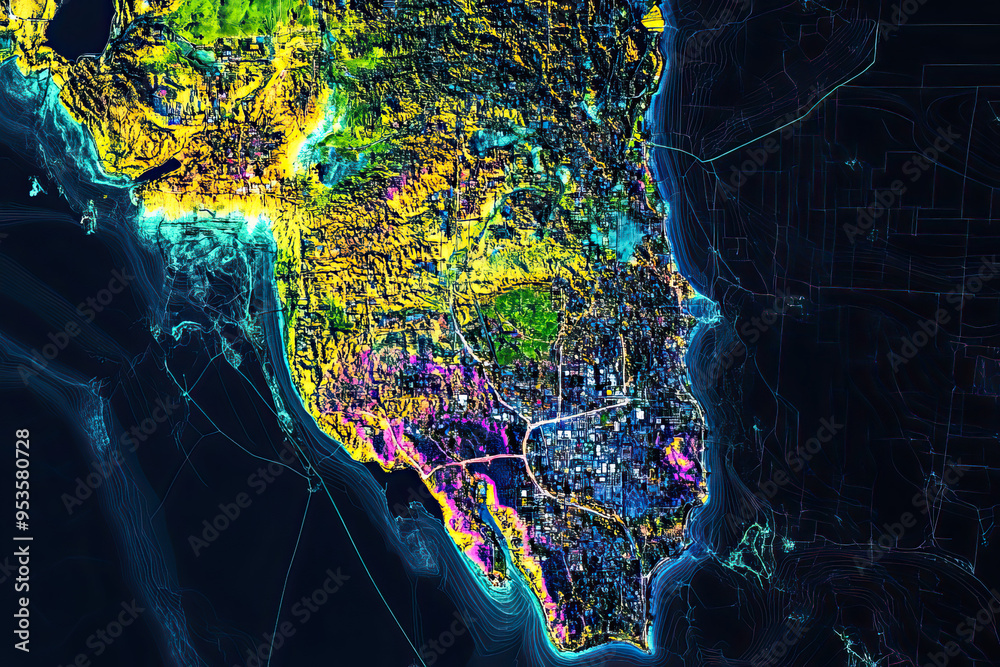 Technical aerial visual, 3D LiDAR GIS aerial map satellite scan model isolated, showing ...