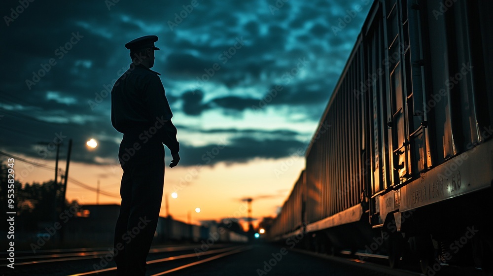 Silhouette of a train conductor standing beside a freight train ...