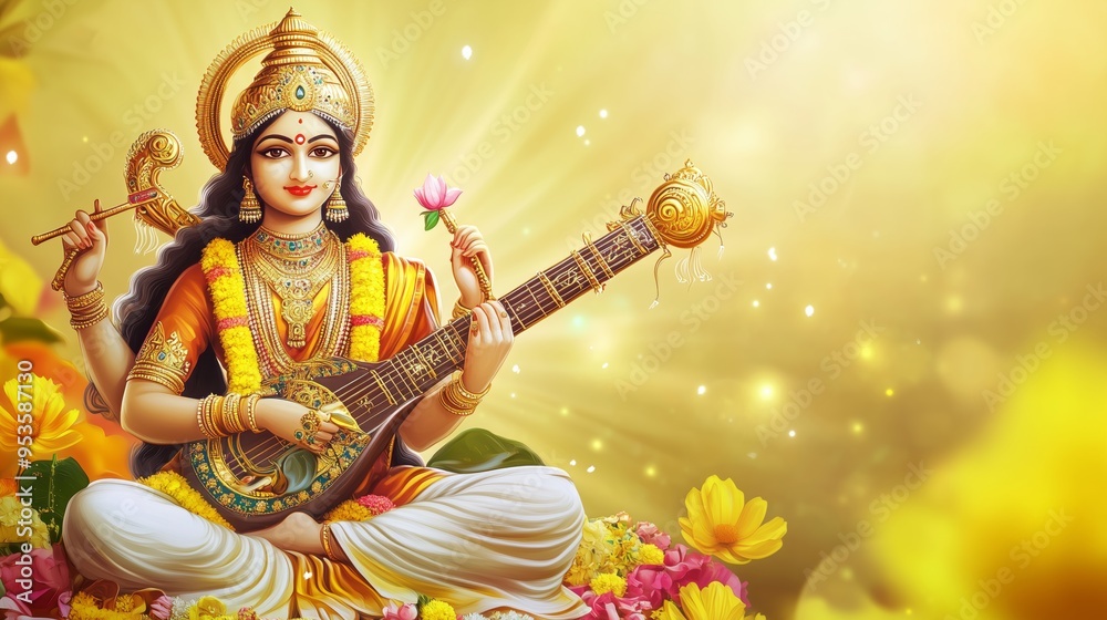 Hindu goddess Saraswati holding veena and lotus flower, seated on white ...