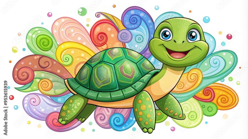 Adorable hand-drawn cartoon turtle with bright green shell and big ...