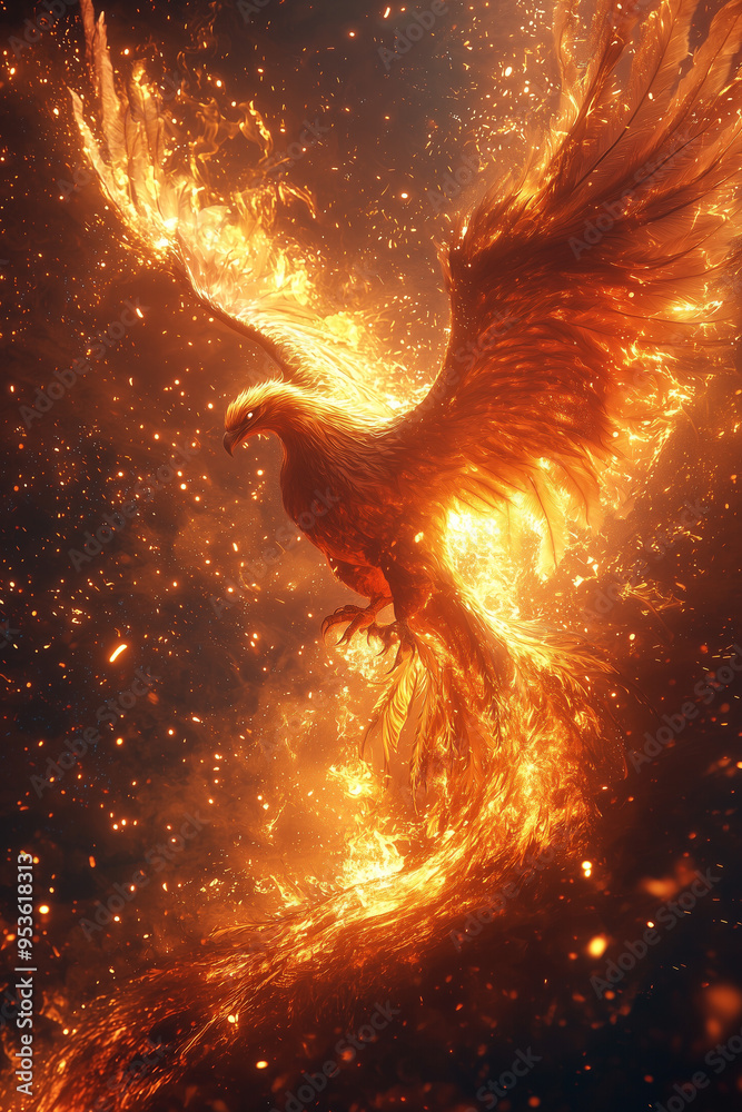 awe-inspiring phoenix with wings of flame, soaring through a starry sky ...