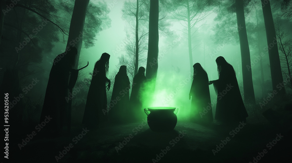 A group of witches gathered around a cauldron in a dark forest, with ...