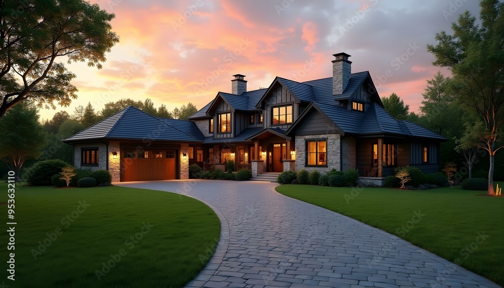 At Evening dusk sunset, cobblestone in driveway lush green grass lawn ...