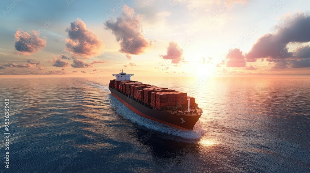 Container cargo ship in transit, transporting goods across the ocean ...