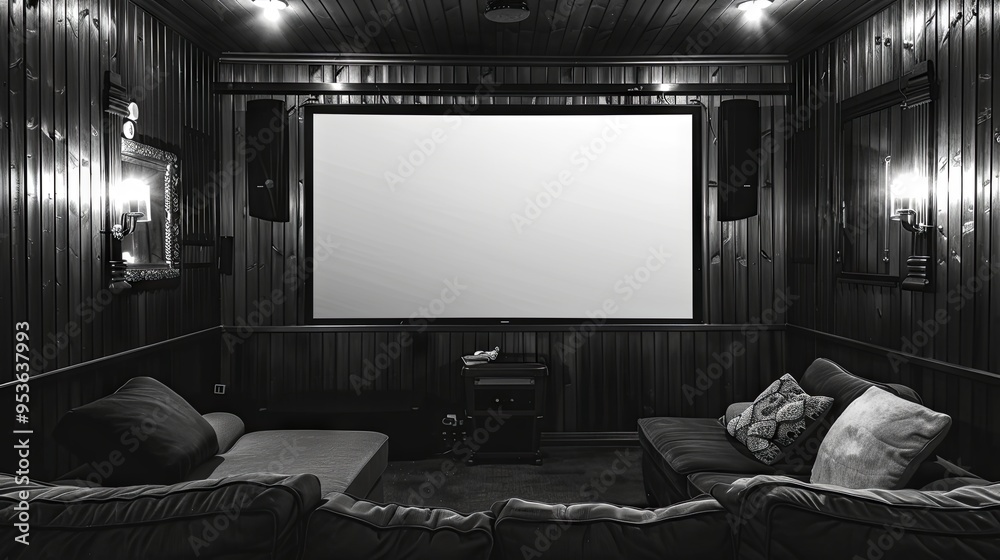 Classic black and white film scene with wooden frame in home theater ...