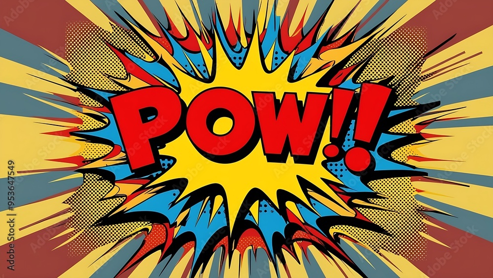 Yellow background with red POW! and blue and black explosion. Suitable ...
