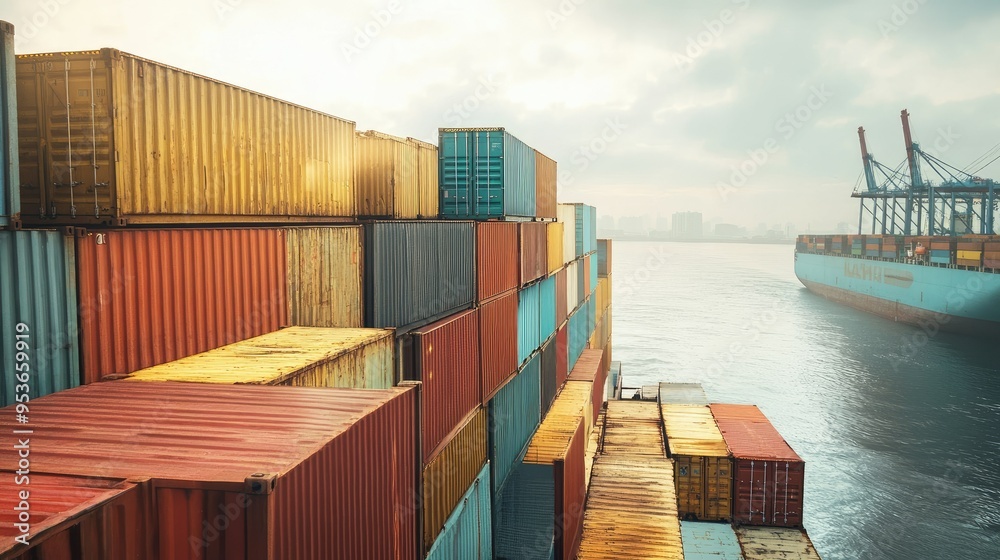 Maritime container cargo ship in the harbor, loaded with containers ...