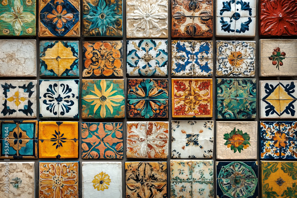 Brightly colored tiles with traditional patterns. Arranged neatly on ...
