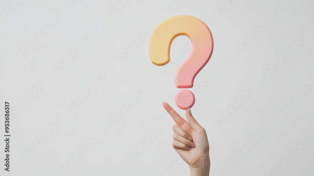 Finger balancing a pastel-colored foam question mark on a plain ...
