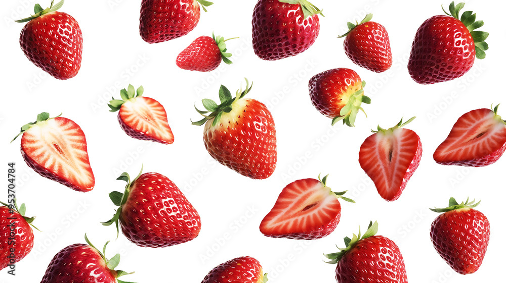 Flying or falling strawberries on transparent, PNG or white background ...
