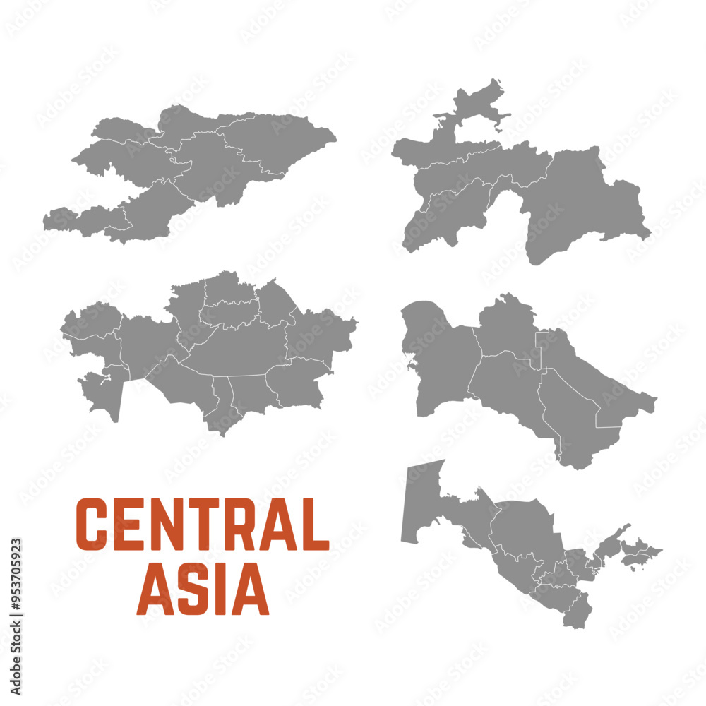 Central Asia maps with regions isolated on a white background. Central ...
